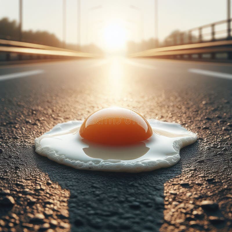 Fried Egg on Hot Asphalt Against the Backdrop of Sunset. Stock ...