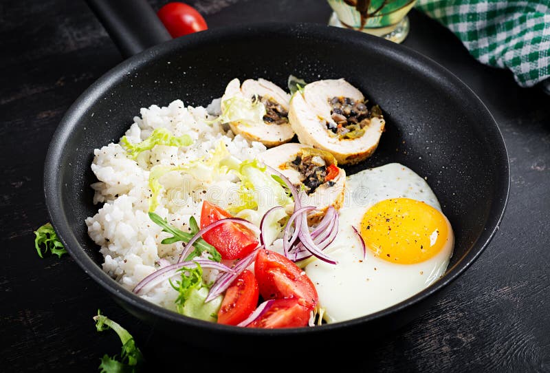 Fried Egg, Meat Chicken Roll, Rice and Tomatoes. Stock Image - Image of ...
