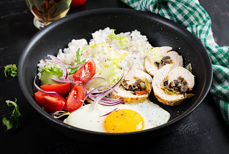 Fried Egg, Meat Chicken Roll, Rice and Tomatoes. Stock Photo - Image of ...