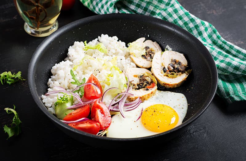 Fried Egg, Meat Chicken Roll, Rice and Tomatoes. Stock Image - Image of ...