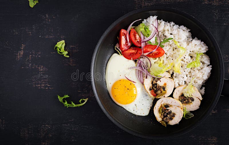 Fried Egg, Meat Chicken Roll, Rice and Tomatoes. Paleo Breakfast Stock ...