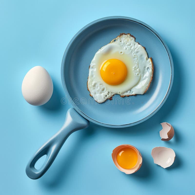 Fried Egg in Pan on a Blue Background Top View Stock Image - Image of ...