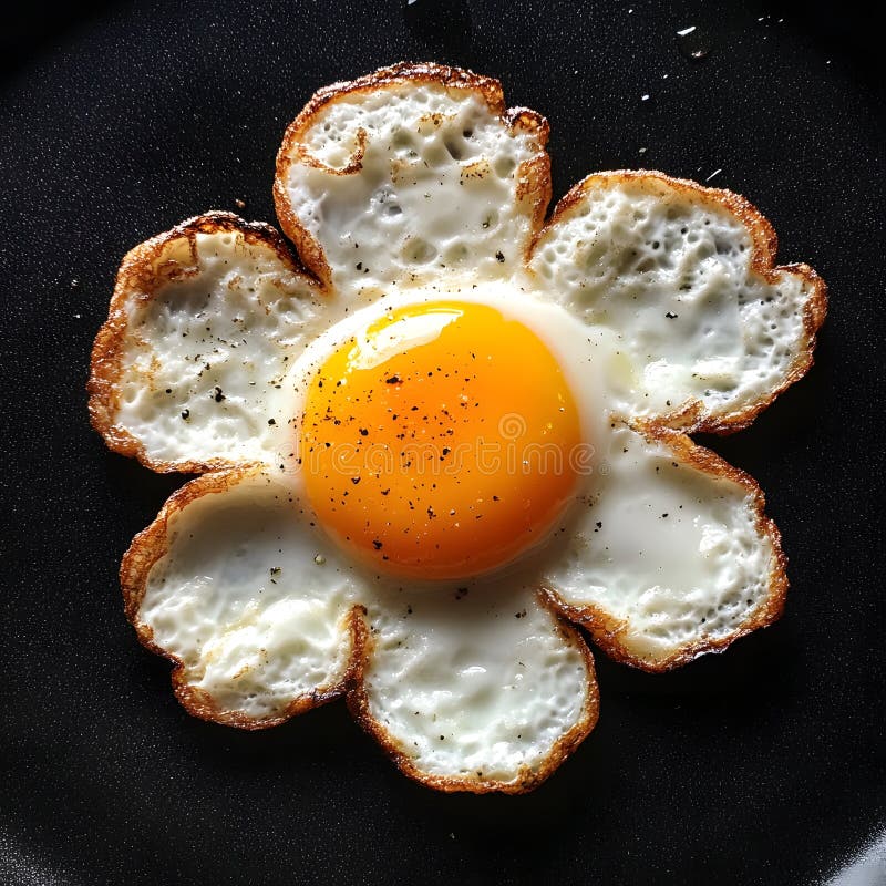Fried Egg Shaped Like a Flower with a Bright Yolk on a Black Frying Pan ...