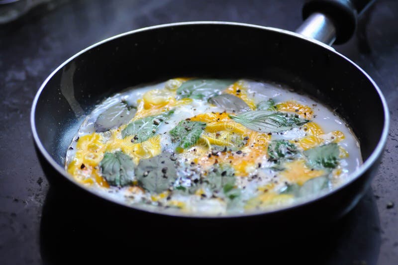 Fried Egg with Sweet Basil and Holy Basil in the Pan Stock Photo ...