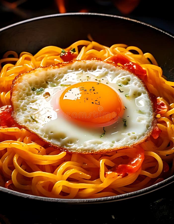 A Fried Egg Tops Spaghetti in a Cast Iron Pan with Herbs Around Stock ...