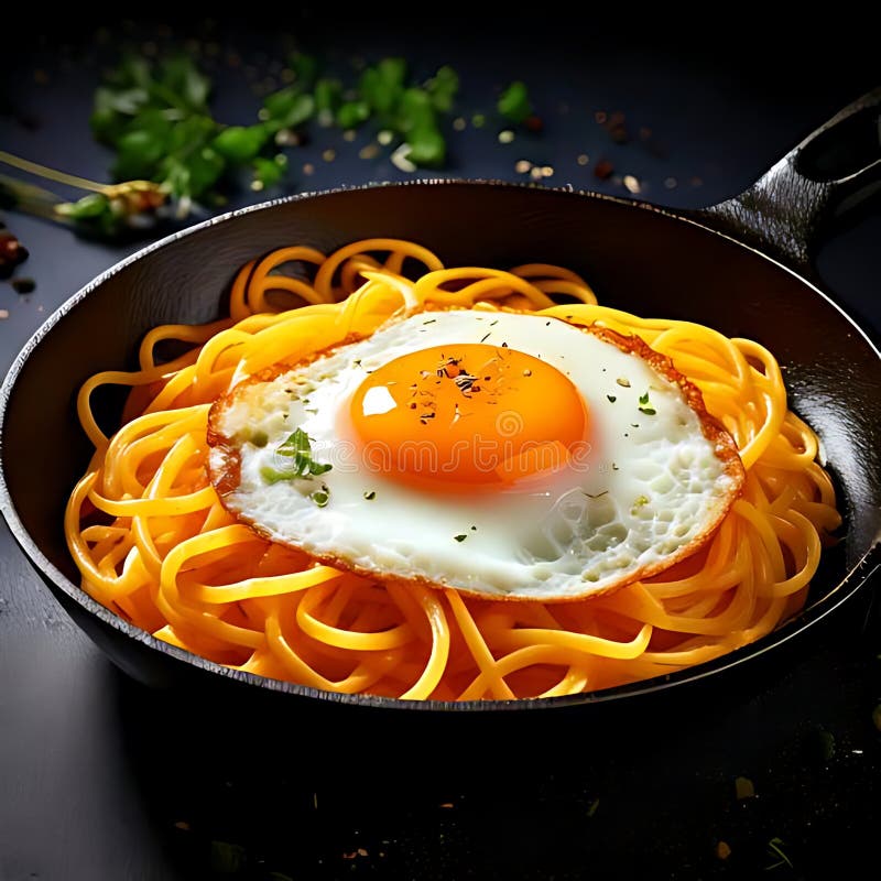 A Fried Egg Tops Spaghetti in a Cast Iron Pan with Herbs Around Stock ...