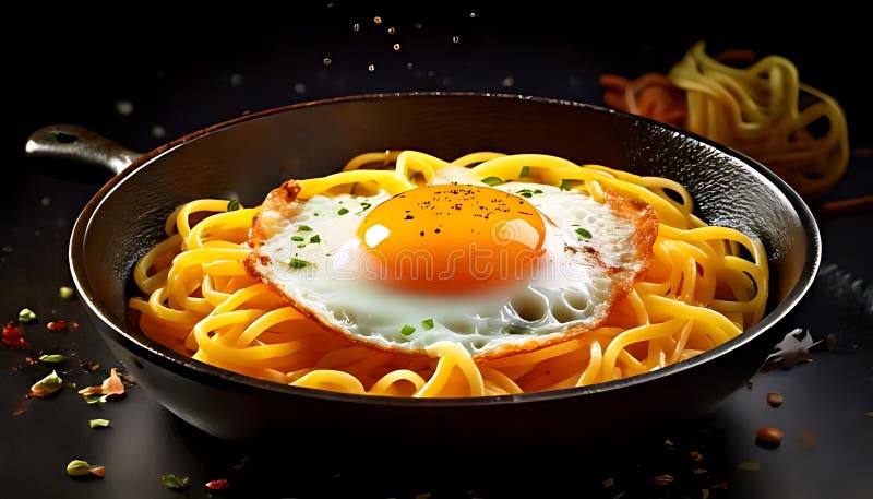 A Fried Egg Tops Spaghetti in a Cast Iron Pan with Herbs Around Stock ...