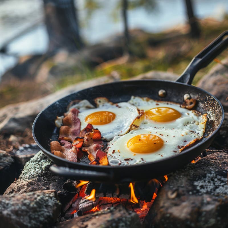 Fried Eggs and Bacon Cooked Over an Open Fire Stock Illustration ...