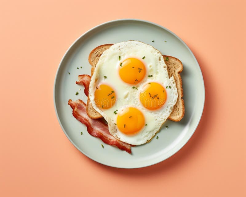 Fried Eggs Bacon and Toast on a Plate on an Orange Background Stock ...