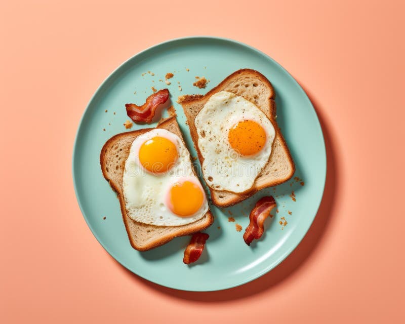 Fried Eggs and Bacon on Toasted Bread on a Blue Plate Stock ...