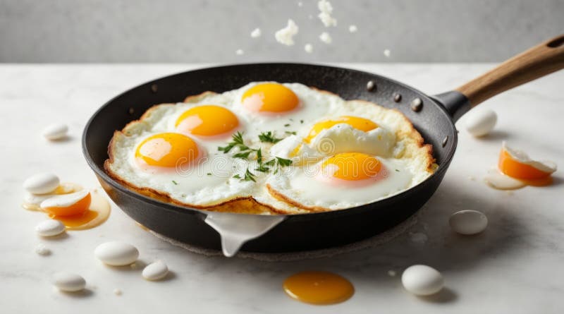 Fried Eggs and a Frying Pan Float in the Air on a White, Isolated. Stock Illustration ...