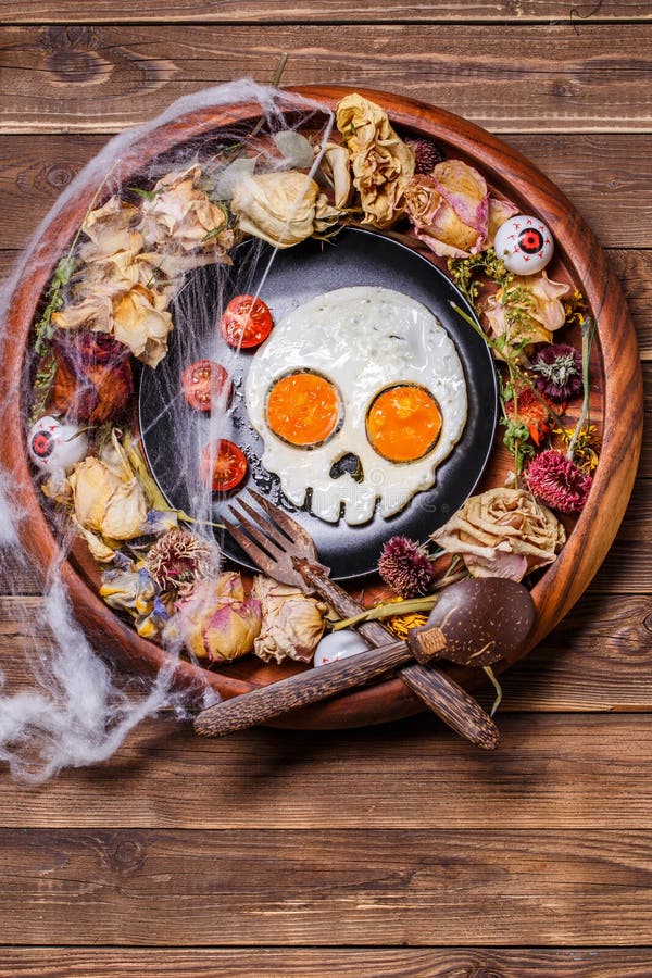 Fried Eggs in the Shape of a Skull and Fresh Tomatoes. Breakfast in ...