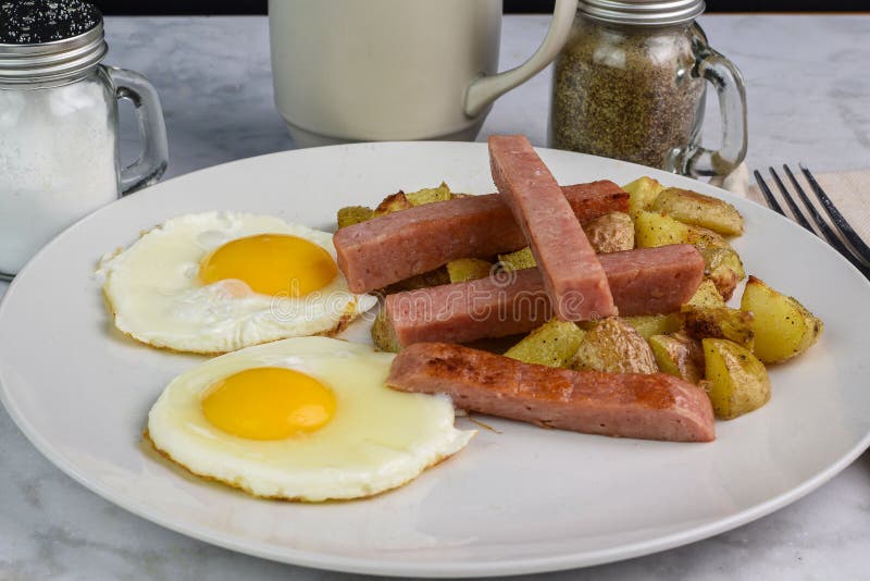 Fried Eggs with Spam Sticks and Home Fries Stock Image - Image of pork ...