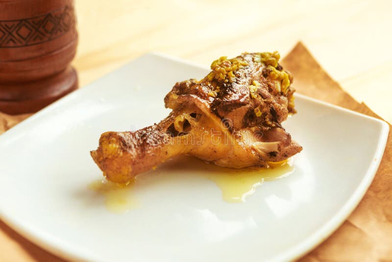 Fried fat chicken leg stock photo. Image of dinner, wood - 181406832