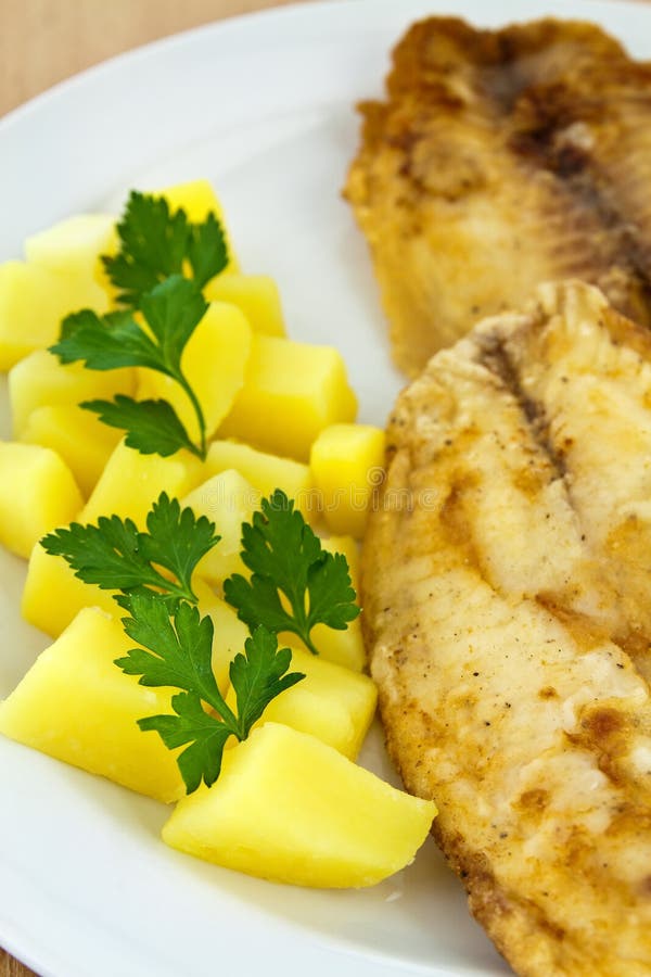 Fried Fish with Boiled Potatoes Stock Image - Image of herb, deep: 27726085