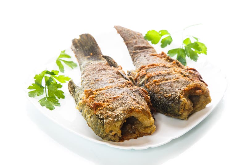 Fish in Breading with Potato Salad and Lemon Stock Photo - Image of ...