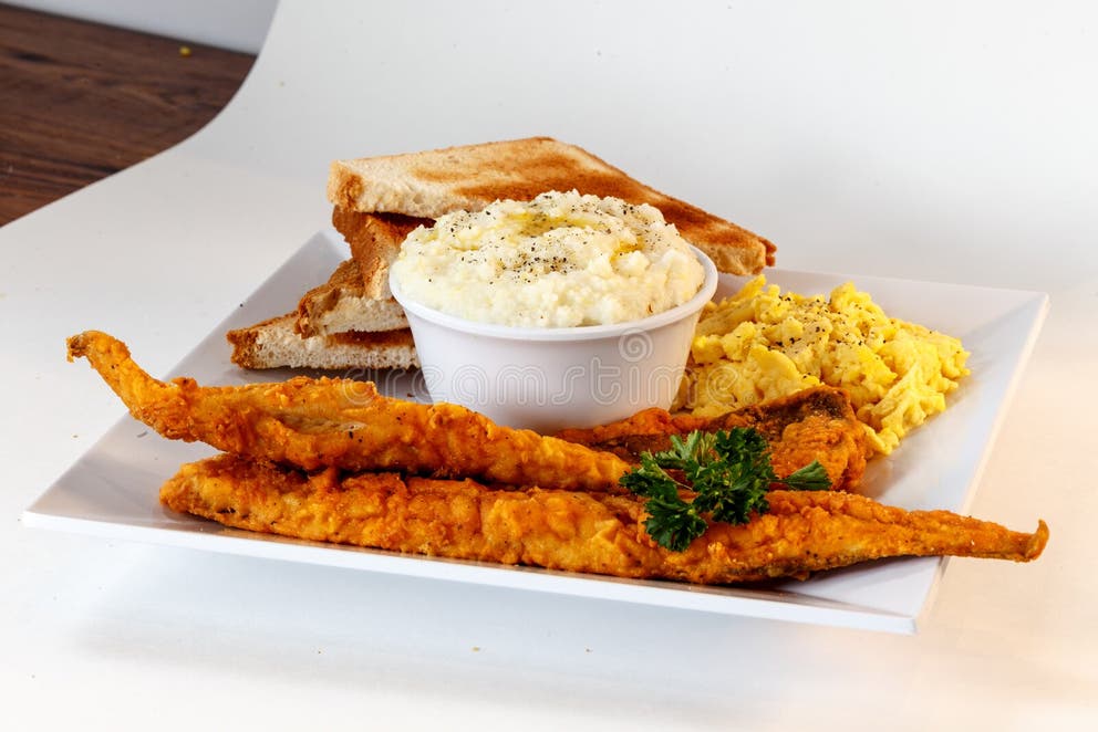 Fried fish breakfast stock photo. Image of eggs, food - 97808308