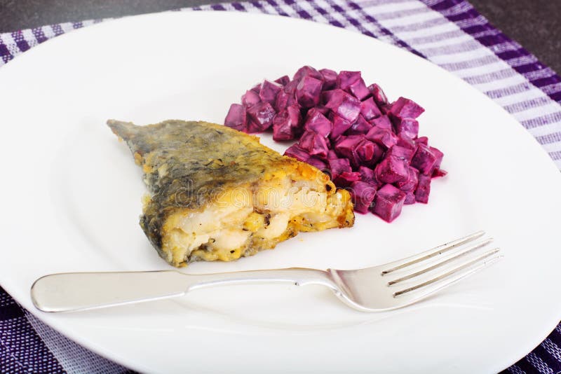 Fried Fish Cards and Salad of Boiled Beets with Yogurt Stock Photo ...