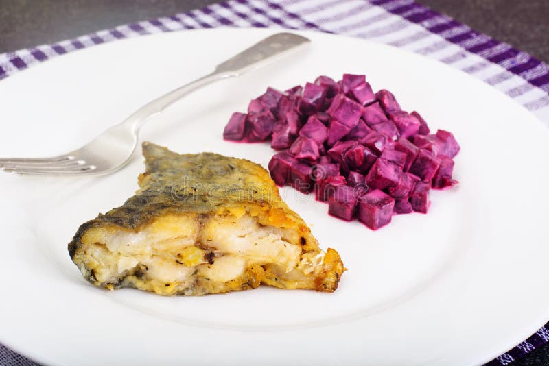Fried Fish Cards and Salad of Boiled Beets with Yogurt Stock Photo ...