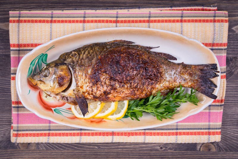 Fried Fish Carp on the Plate Stock Image - Image of cuisine, fresh ...