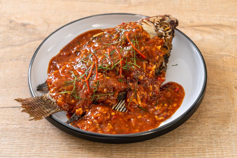 Fried Fish with Chili Sauce Stock Image - Image of spicy, isolated ...