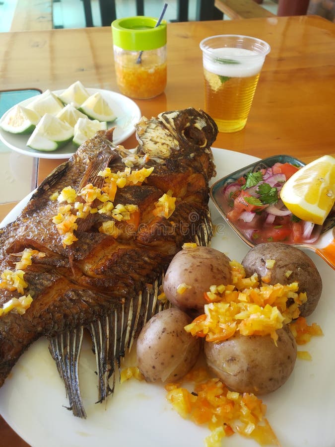 Fried Fish with Cooked Potatoes is Yummy Stock Photo - Image of fish ...