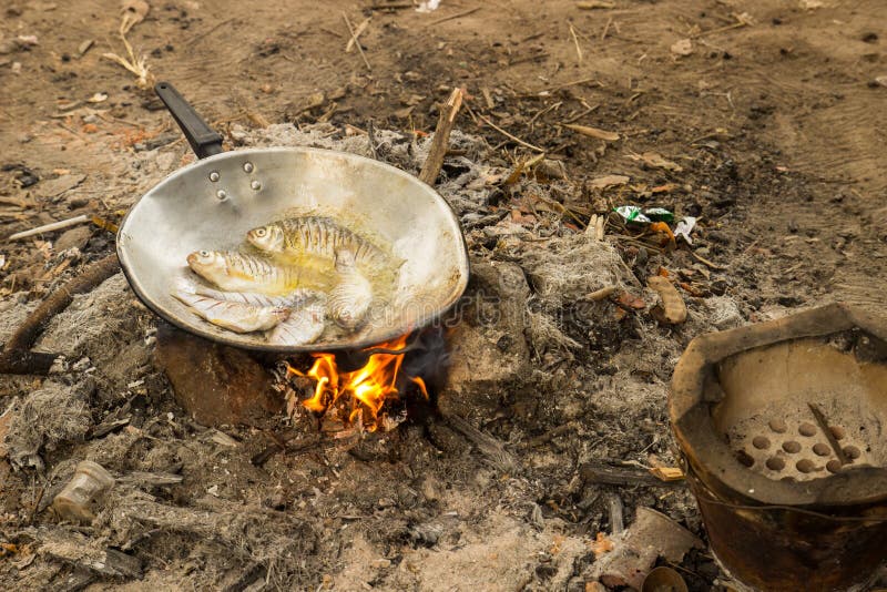 Fried fish cooking in camp stock image. Image of heat - 40514329