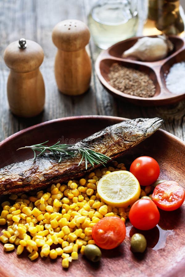 Fried Fish with Corn and Vegetables Stock Photo - Image of ingredient ...