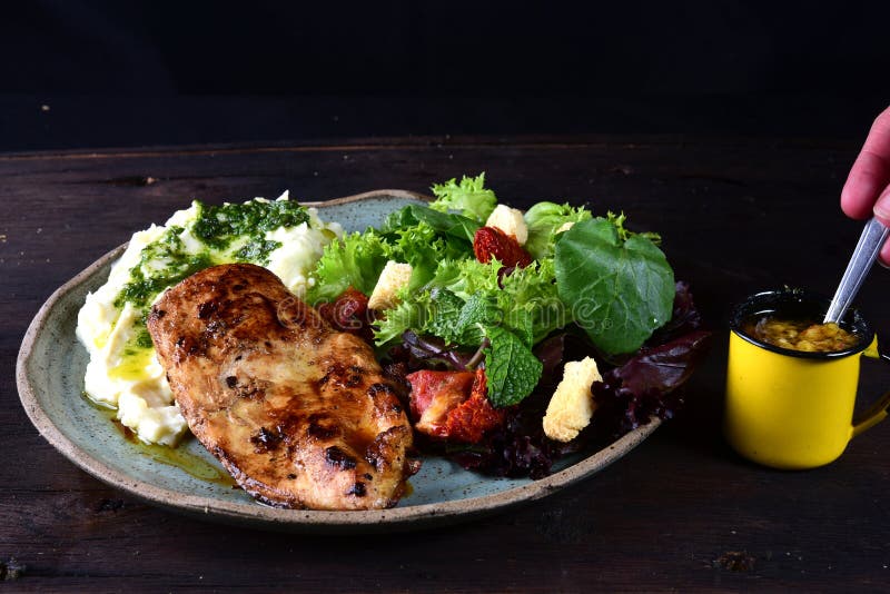 Fried Fish Fillet with Boiled Mashed Potatoes and Salads Stock Image ...