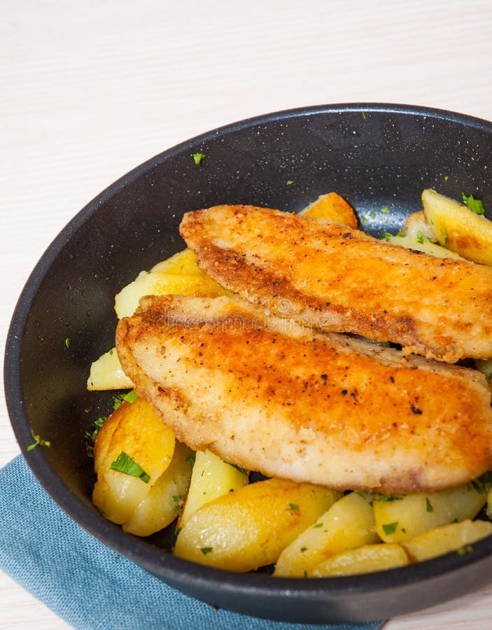 Fried Fish Fillet and Potatoes Stock Image - Image of lunch, pickled ...