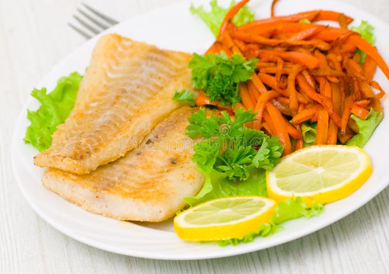 Fried Fish Fillet with Vegetables Stock Photo - Image of filet ...