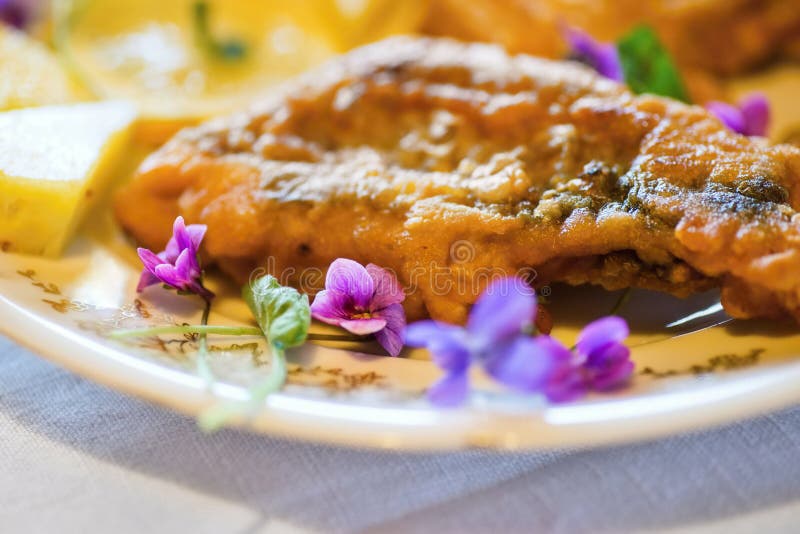 Fried fish with flowers stock image. Image of chips, healthy - 64077849