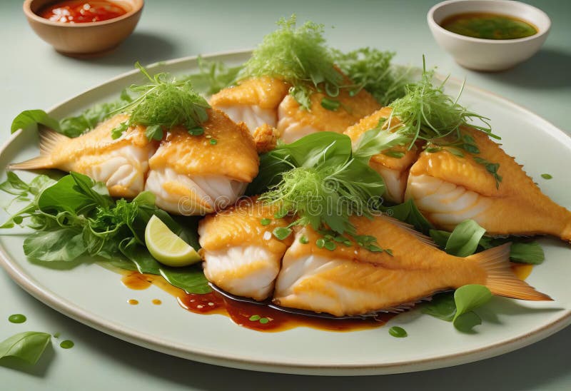 Fried Fish with Fresh Herbs Sweet Spicy Sauce Stock Illustration ...