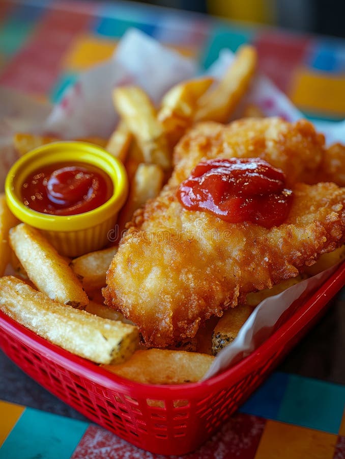 Fried Fish with Fries and Ketchup in a Basket. Stock Image - Image of ...