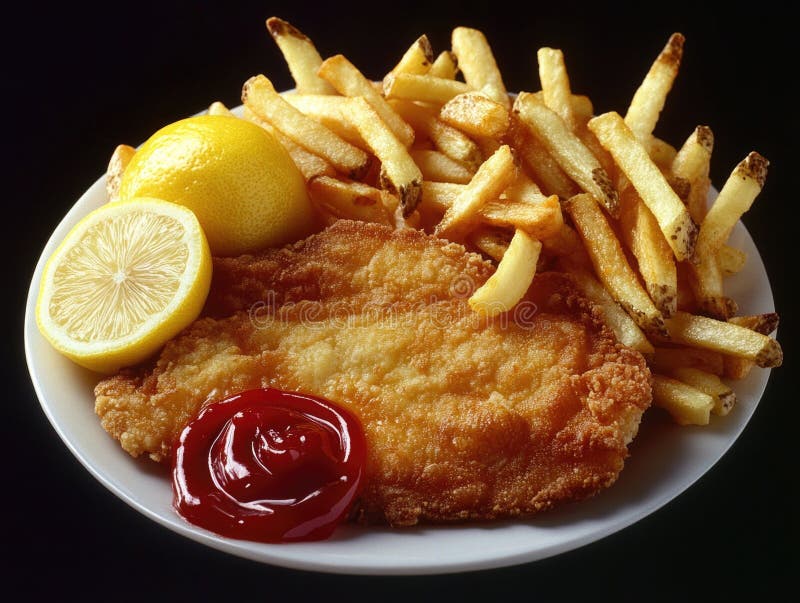 Fried Fish Dish with Fries and Ketchup Stock Photo - Image of generated ...