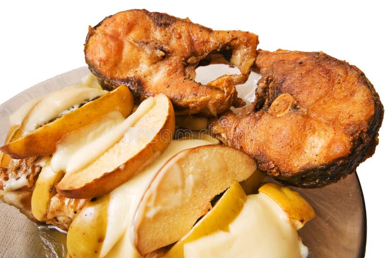 Fried fish with fruit. stock image. Image of mullet, vegetables - 7166047