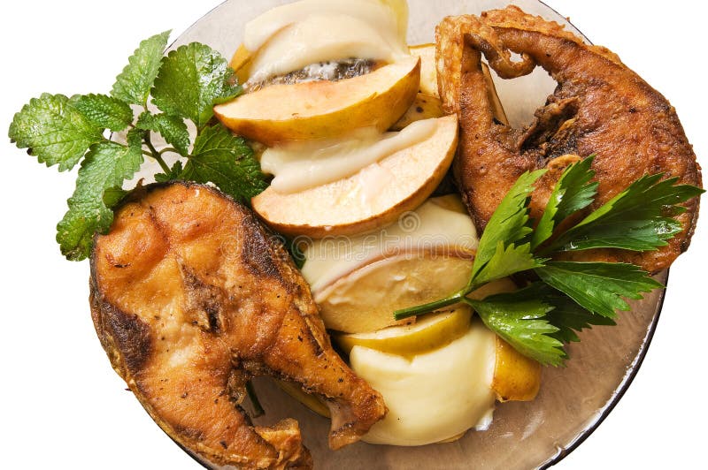 Fried fish with fruit. stock image. Image of parsley, prepare - 7166191