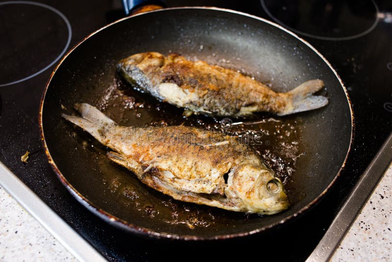 Fried Fish in a Frying Pan on the Cooker Stock Photo - Image of fried ...