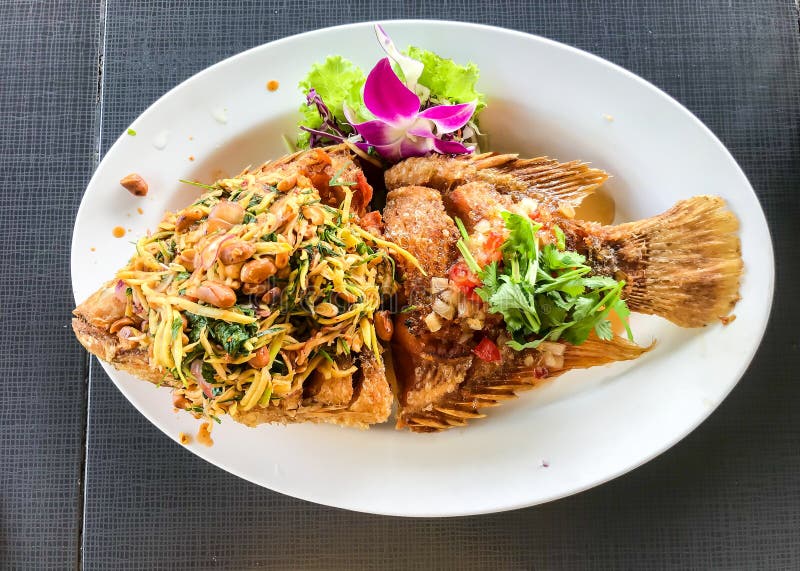 Fried Fish Topped with 3 Flavors Chili Sauce Stock Photo - Image of ...