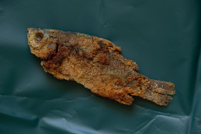 Fried Fish Skeleton on Yellow Background Closeup Stock Image - Image of ...