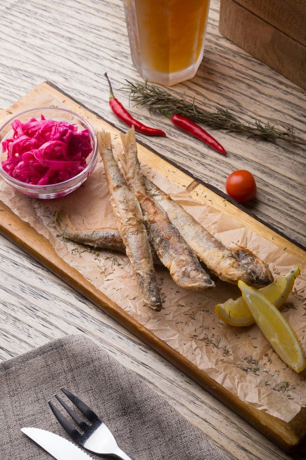 Fried Fish with Lemon As Snack for Beer Stock Photo - Image of small ...