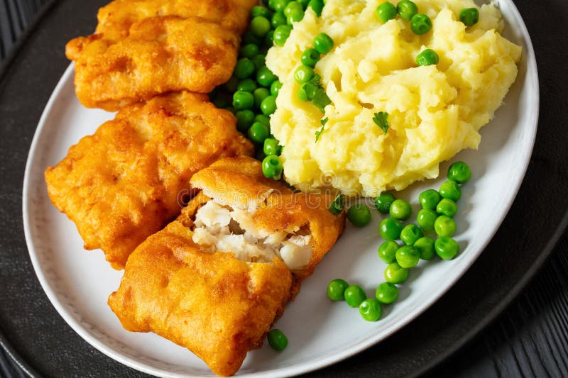Fried Fish with Mashed Potatoes and Green Peas Stock Photo - Image of ...
