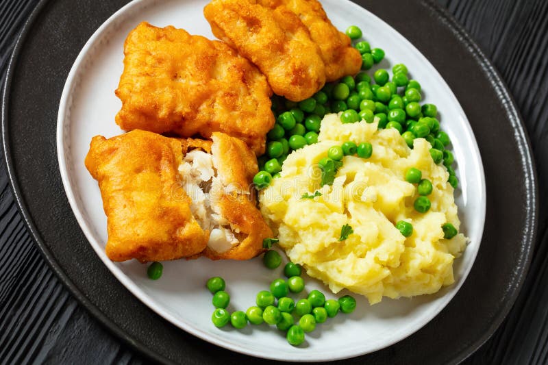 Fried Fish with Mashed Potatoes and Green Peas Stock Photo - Image of ...