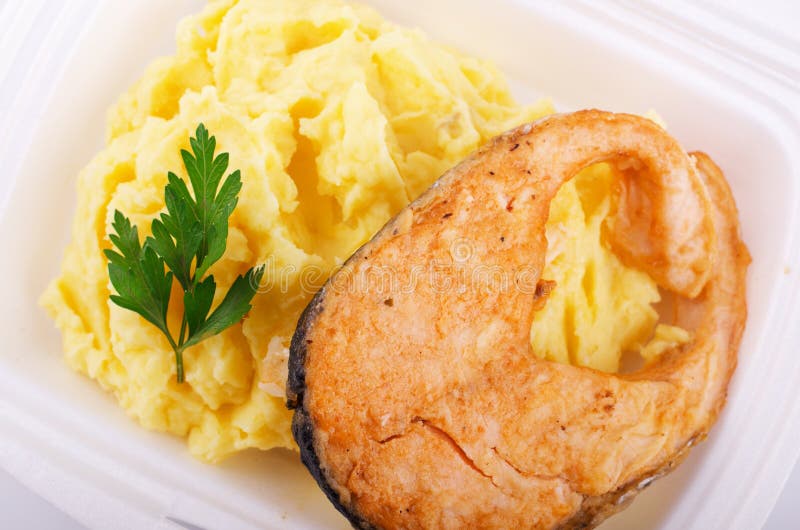 Fried Fish with Mashed Potatoes Stock Image - Image of garnish, cooked ...