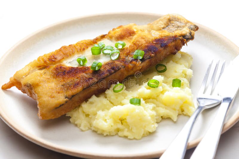 Fried Fish with Mashed Potatoes and Spring Onion Stock Image - Image of ...