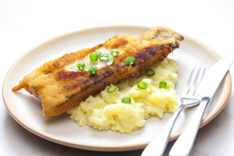 Fried Fish with Mashed Potatoes and Spring Onion Stock Image - Image of ...