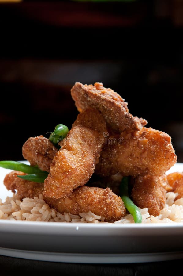 Fried fish over rice stock image. Image of sauce, green - 17328395