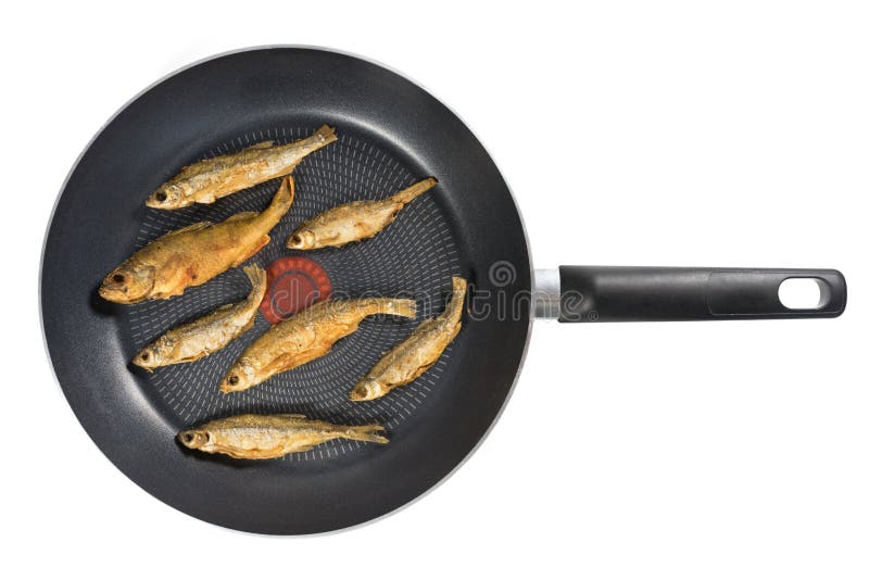 Fried Fish in a Pan Isolated on a White Background, Top View Stock ...