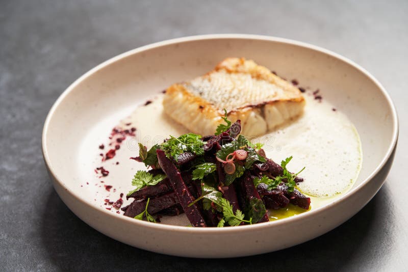 Fried Fish Perch with Vegetables on a White Table on Grey Table Stock ...