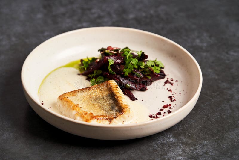 Fried Fish Perch with Vegetables on a White Table on Grey Table Stock ...